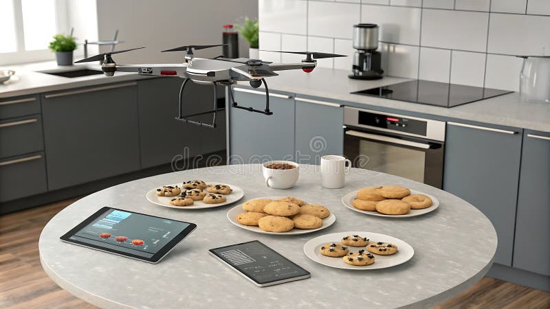Innovative Home Dining with Miniature Drones Serving Snacks at a Modern ...