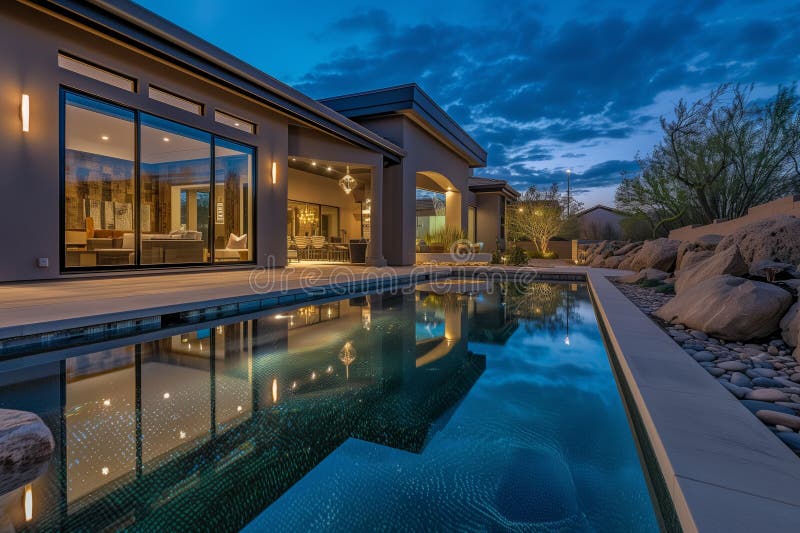 Innovative Home with Landscape Lighting and Clear Pool Stock Photo ...