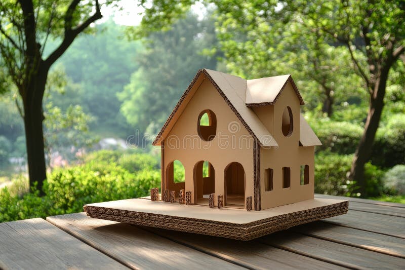 Innovative House Concept Featuring Cardboard Model on Wooden Floor ...