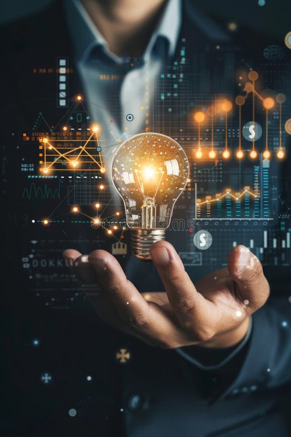 Innovative Ideas and Technology Hand Holding Digital Light Bulb with ...