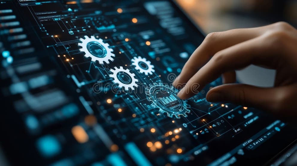 Hand Reaching To Touch Digital Gears Icon on Virtual Screen ...