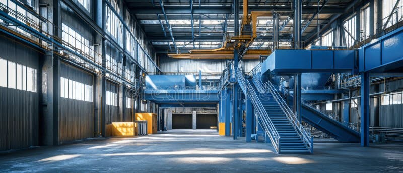 Innovative Industrial Building Interior with Blue Metal Structure and ...