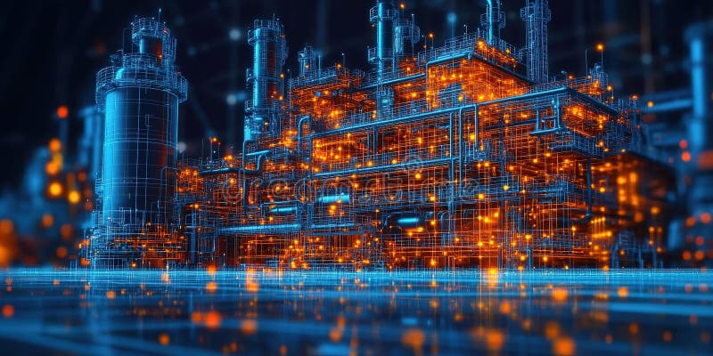 Innovative Industrial Complex Featuring Glowing Lines and Structures at Nighttime Stock Photo ...