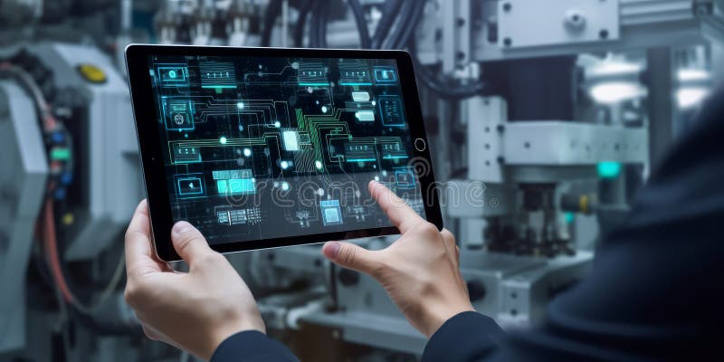 Innovative Industrial Control Idea. Tablet Being Held in Hands Against ...