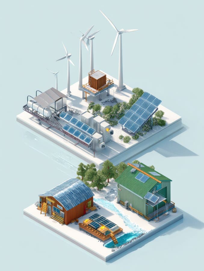 Innovative Isometric Clean Energy Hub Featuring Hydro, Wind, and Solar ...