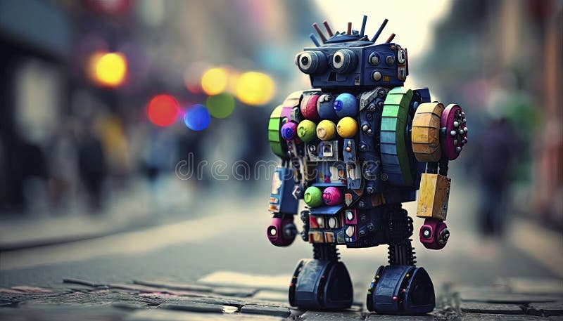Innovative Junk Art Robot in Vibrant Google Colors. Perfect for Web ...