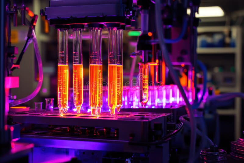 Innovative Lab with Glowing Vials and Automated Machines Conducting ...
