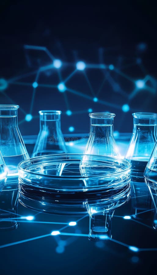 Innovative Laboratory Scene with Glowing Low Polygon Beakers and Petri ...