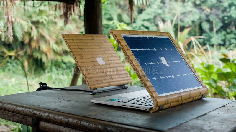 Eco-Friendly Solar Laptop with Bamboo Frame Outdoors Stock Illustration ...