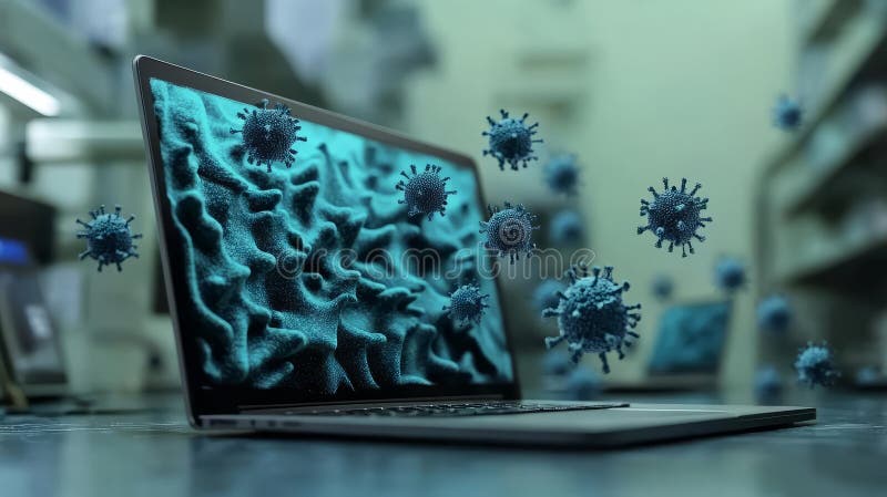 Innovative Laptop Displaying Digital Viruses in a Modern Workspace ...