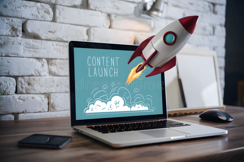 Innovative Laptop with Rocket Graphic on Screen Against White Brick ...