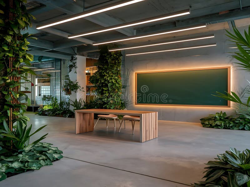 Innovative Learning Space Featuring Indoor Plants and Green Board Stock ...