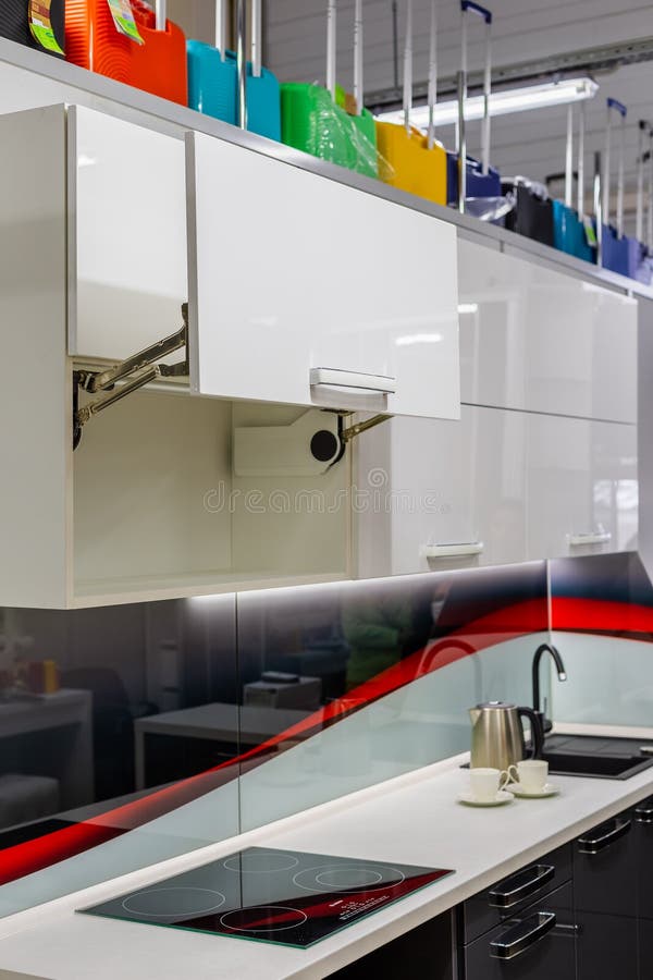 Innovative Lifting Mechanism for Kitchen Doors. Kitchen Design. Stock ...