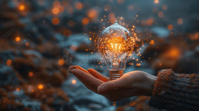 Innovative Light Bulb Concept Held in Hands Against a Cinematic ...