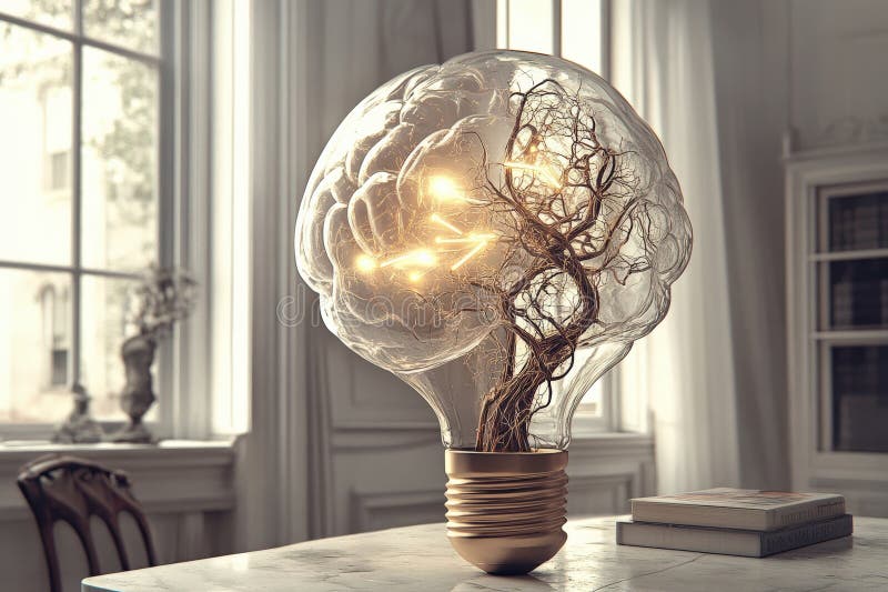 Creative Light Bulb Design Featuring a Brain and Tree Roots Symbolizing ...