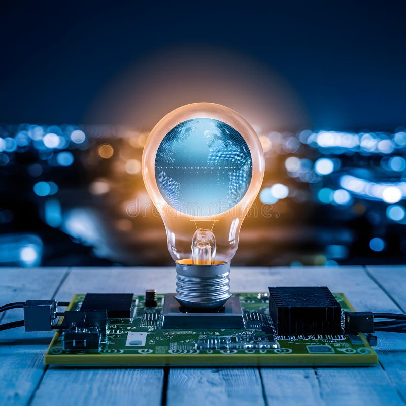 Innovative Light Bulb with Digital Globe on Circuit Board Against ...