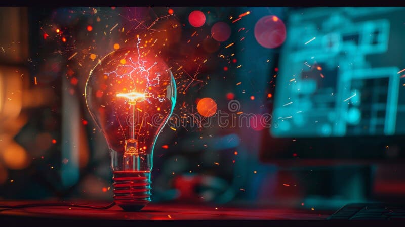 Innovative Light Bulb with Sparks and Computer Background, Generative ...