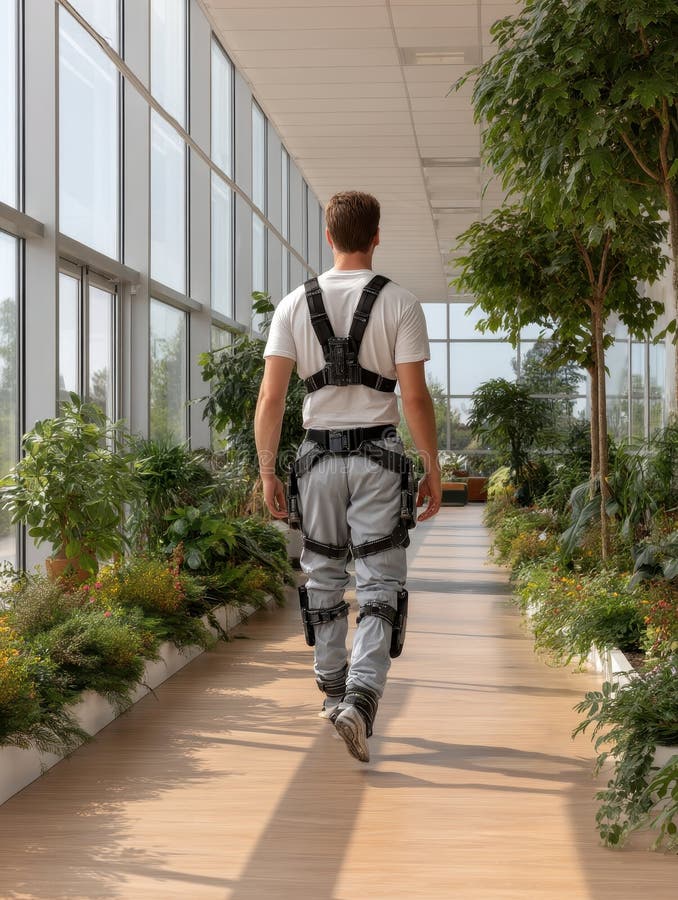 Innovative Man Walking with Advanced Robotic Exoskeleton in Lush ...