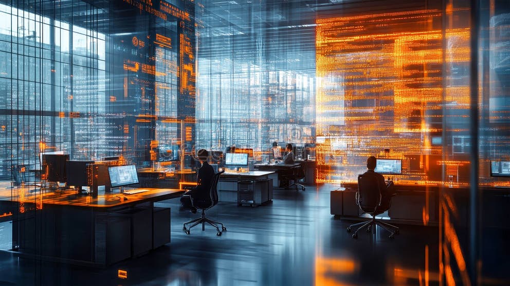 Innovative Office Interior with Dynamic Workspaces and Vibrant Data ...