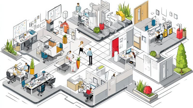 Innovative Office Layout Featuring Employees Engaged in Diverse Work ...