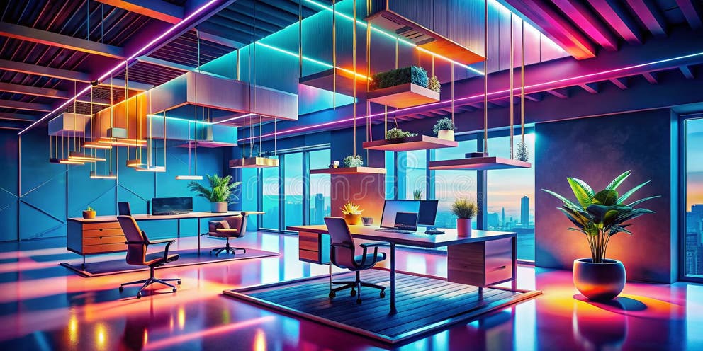 Innovative Office Spaces Floating Desks Abstract Forms and the Future of Work Stock Illustration ...