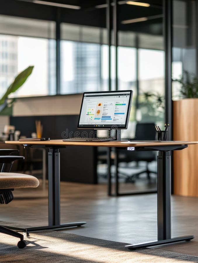 An Innovative Office Workspace Showcases an Adjustable Height Desk with ...