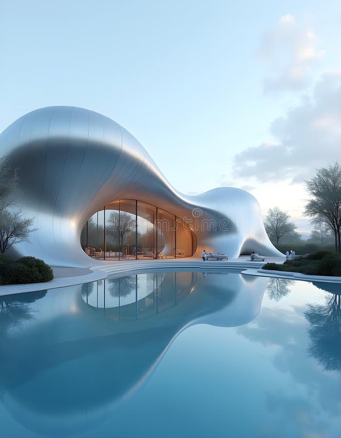 Innovative Pavilion with Flowing Silver and Blue Design in a Natural ...