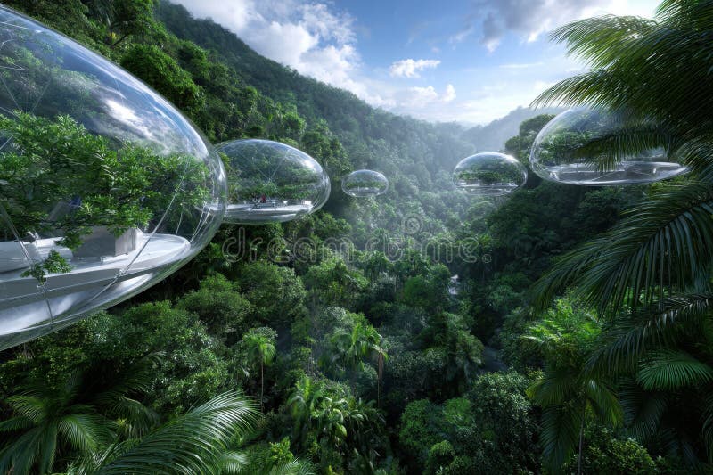 Innovative Pod Structures Float among Lush Greenery in a Vibrant ...