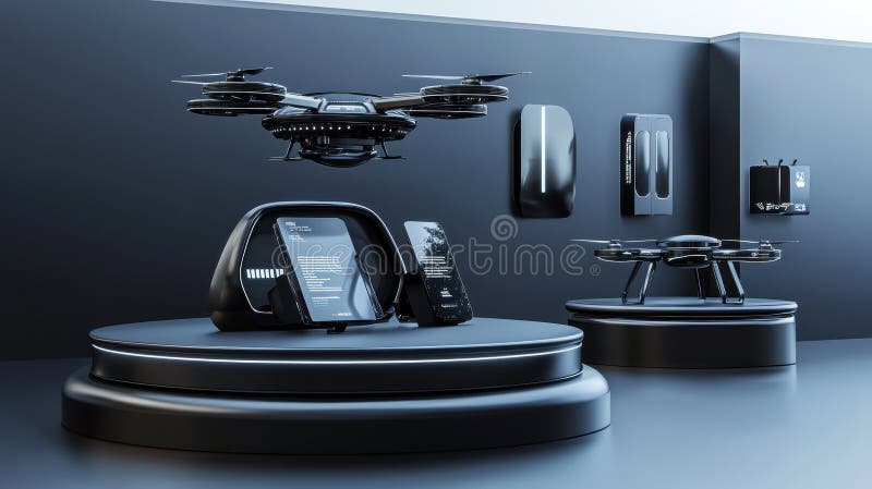 Innovative Product Display Featuring Advanced Drones on Sleek Podiums ...