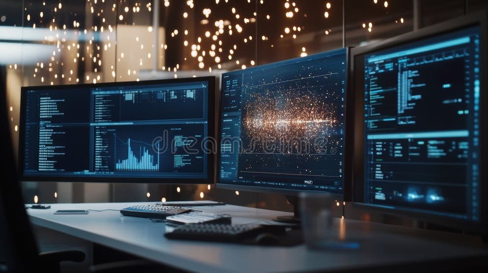 Innovative Production Setup with Computer Screens Showing Data and Code ...