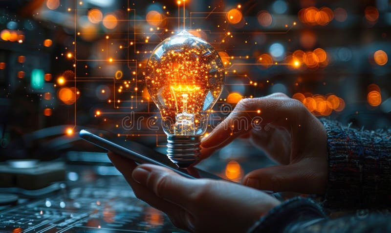 Innovative Professional Generating Ideas with Lightbulb Icon on Digital ...