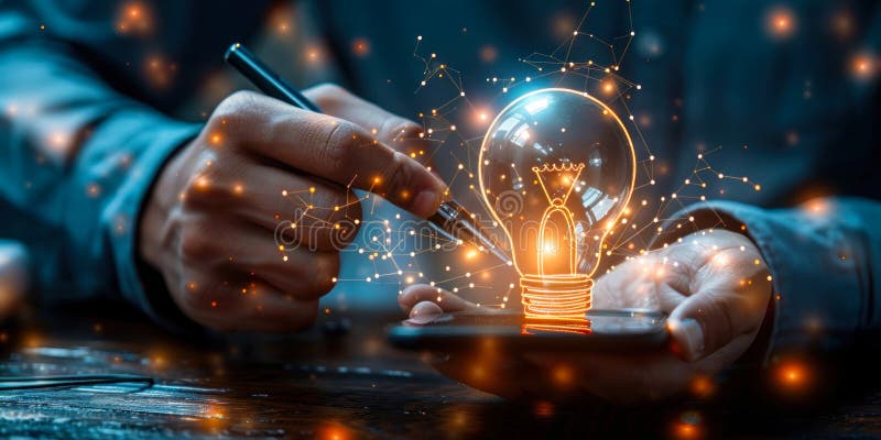 Innovative Professional Generating Ideas with Lightbulb Icon on Digital ...