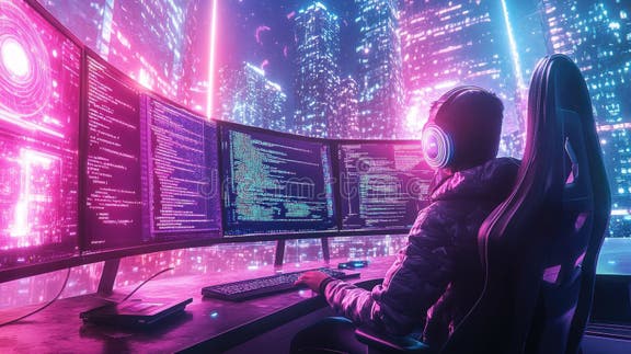 Innovative Programmer Immersed in Coding while Surrounded by a Vibrant ...