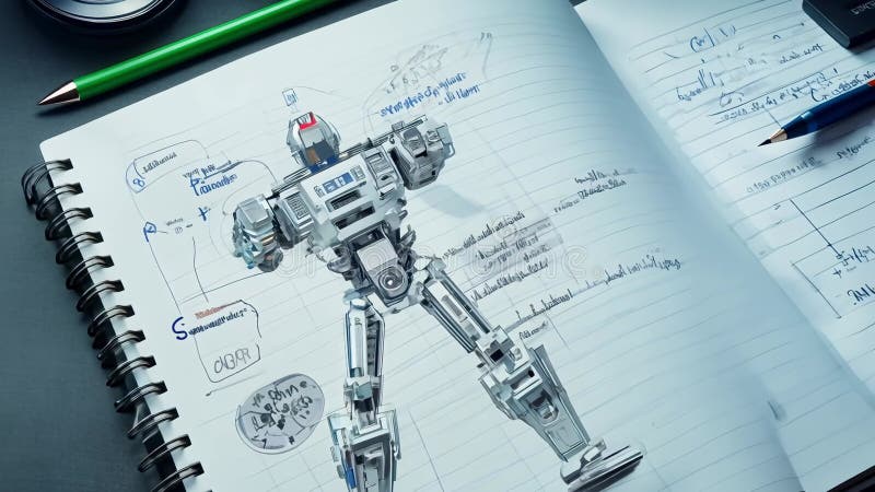 Innovative Robot Design Sketched in a Notebook with Intricate Details ...