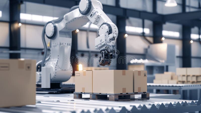 Innovative Robotic Arm in Action in a Modern Warehouse, Automating the ... Innovative Robotic Arm in Action in a Modern Warehouse, Automating the ...