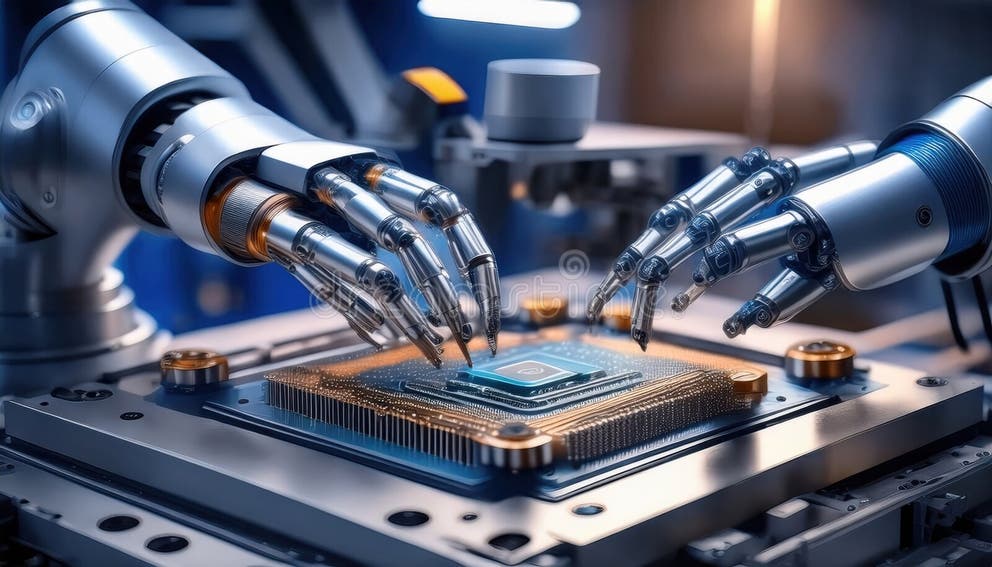 Innovative Robotic Hands Assemble Microchip in Stock Photo - Image of ...