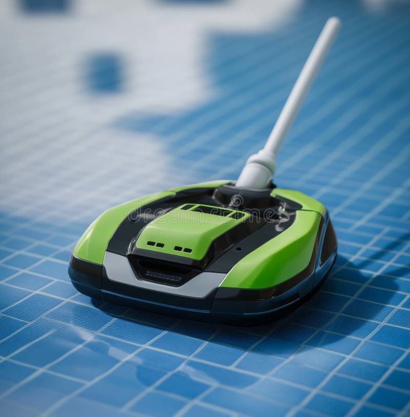 Innovative Robotic Pool Cleaner on Blue Tile Surface with White Antenna ...