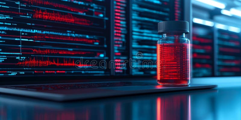 Innovative Science Lab with Red Liquid and Data Screen Stock ...