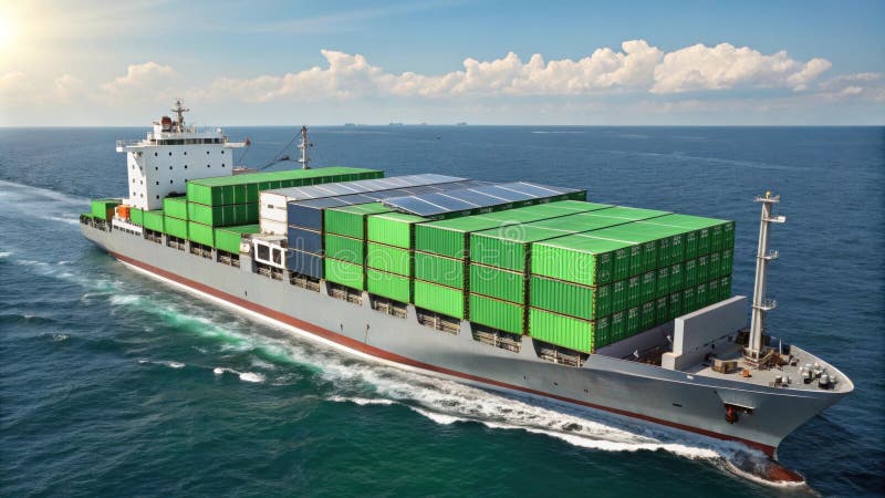 An Innovative Shipping Container Ship Adorned with Bright Green Solar ...