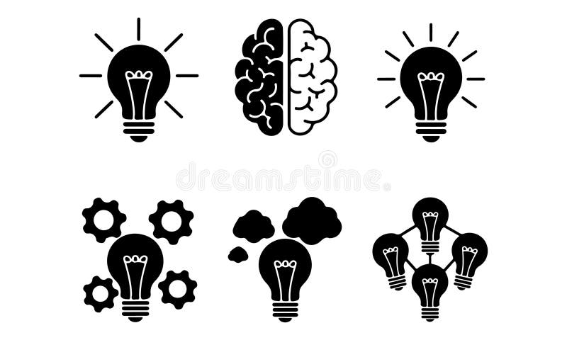 Innovative Silhouette Icons Featuring Lightbulb, Brain, and Network ...