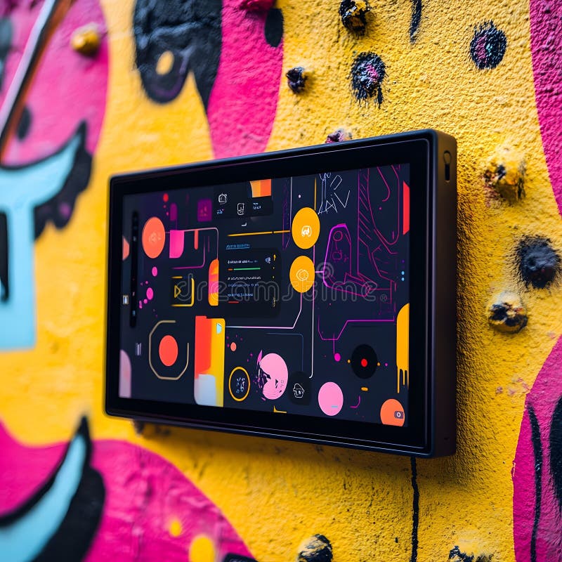 Innovative Smart Home Screen on Vibrant Wall with Colorful Graffiti Art ...