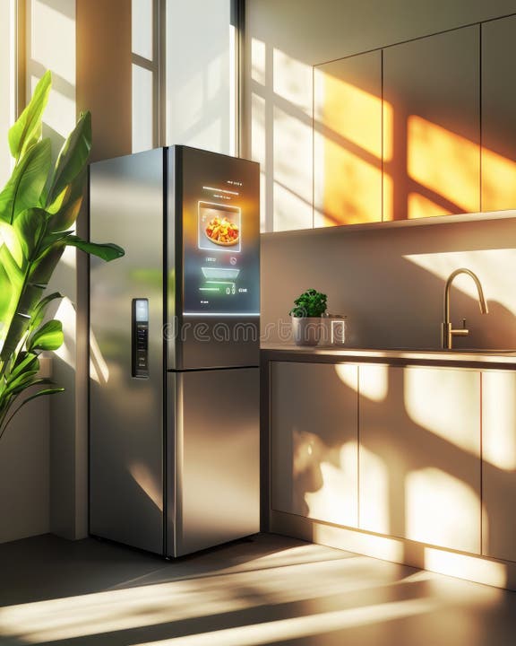 Innovative Smart Kitchen Design Featuring a Refrigerator, Lush Plant, and Connectivity of IoT ...