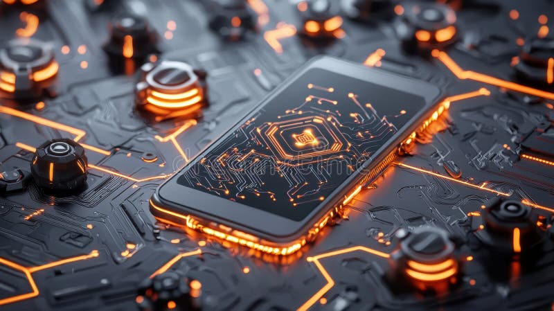 Innovative Smartphone on Circuit Board with Glowing Orange Accents ...