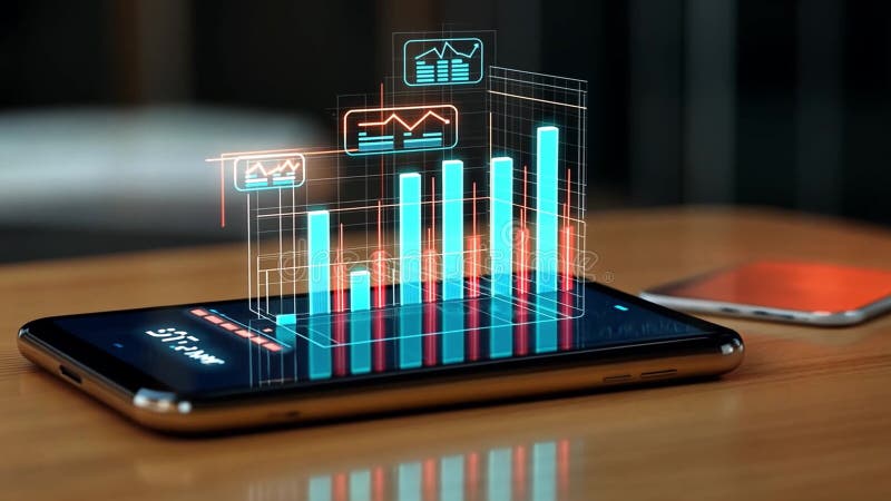 Innovative Smartphone Displaying Holographic Data Visualizations in a Modern Workspace ...