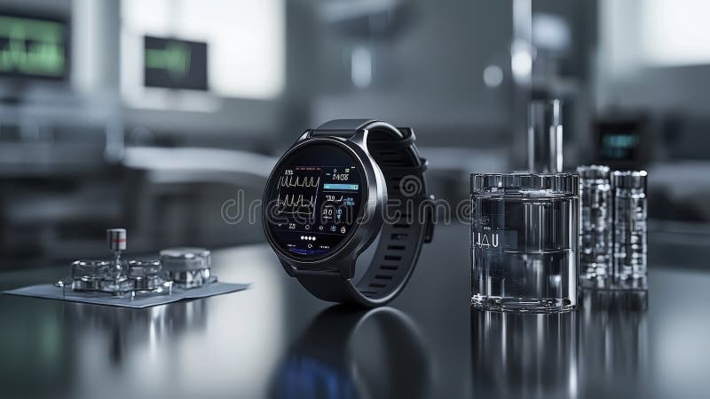 Innovative Smartwatch Displaying Health Metrics in a High-tech Lab ...