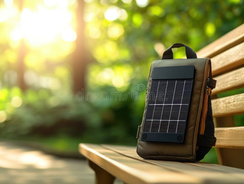 Innovative Solar Panel Backpack on Park Bench Amidst Sunlit Greenery ...