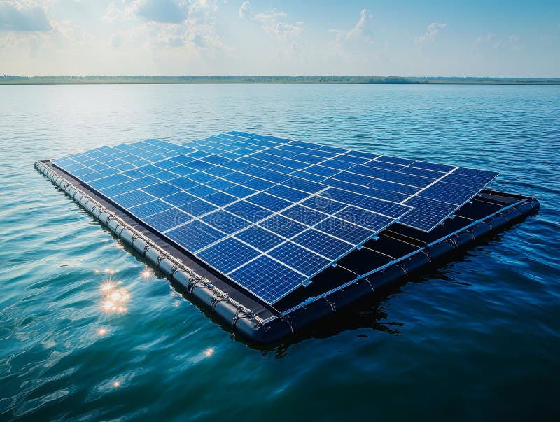 Innovative Solar Panel Floating on Tranquil Water Surface Surrounded by ...
