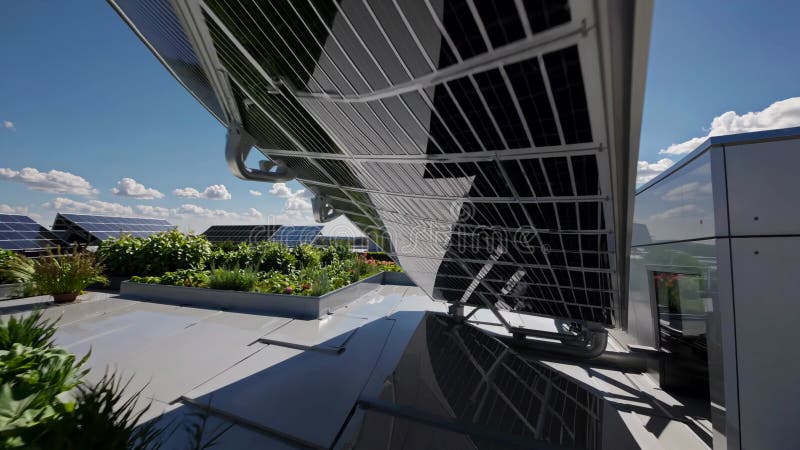 Solar Panel Rotating on a Green Roof, Following the Sun S Path Stock ...