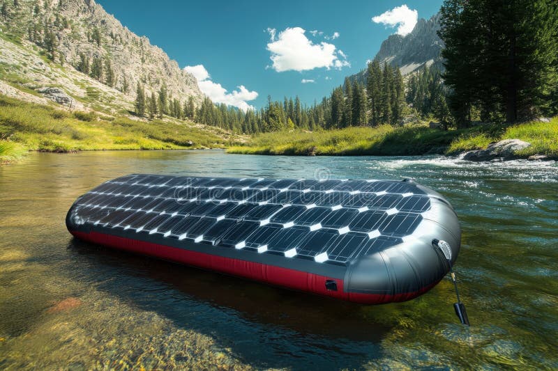 Innovative Solar-powered Raft Floating on a Serene River Surrounded by ...