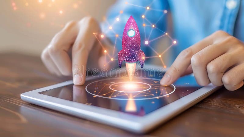 Innovative Start Up Concept Person with Tablet Featuring Rocket Symbol ...